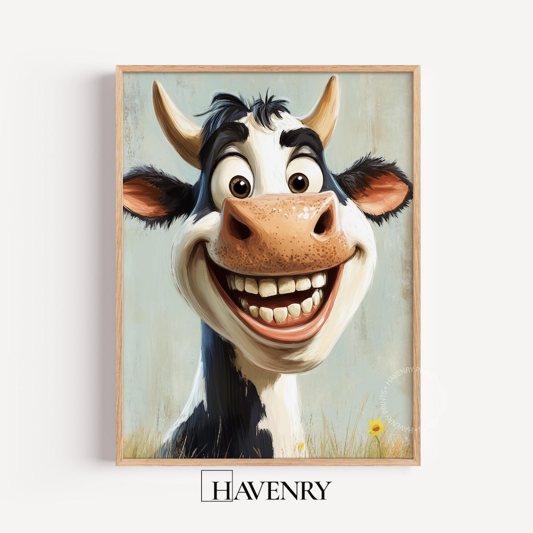 Cheerful Cartoon Cow Print for Kids, Playful Farmhouse Decor, Rustic ...