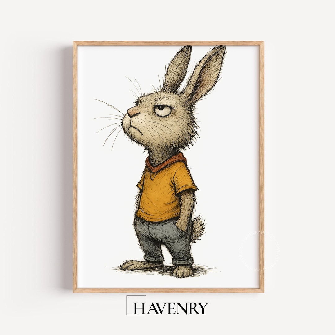 Grumpy Rabbit Illustration, Quirky Vintage Animal Art for Nursery Decor ...