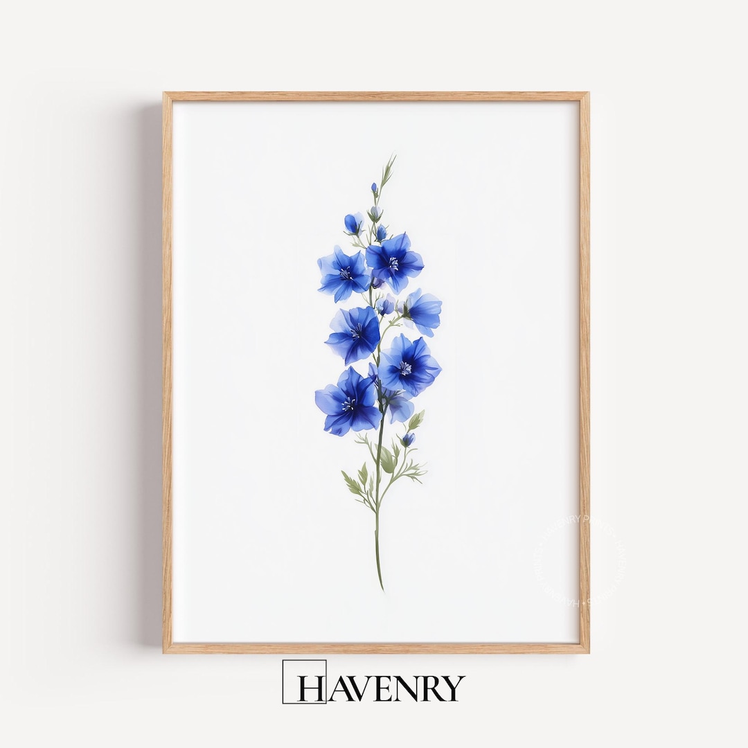 Larkspur Blue Flowers Art, Minimalist Watercolor Botanical Print ...