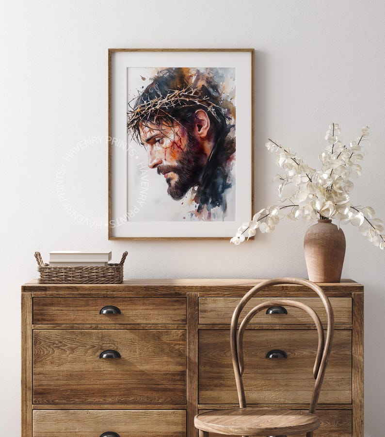Crown of Thorns Portrait, Somber Watercolor Art for Devotional Wall ...