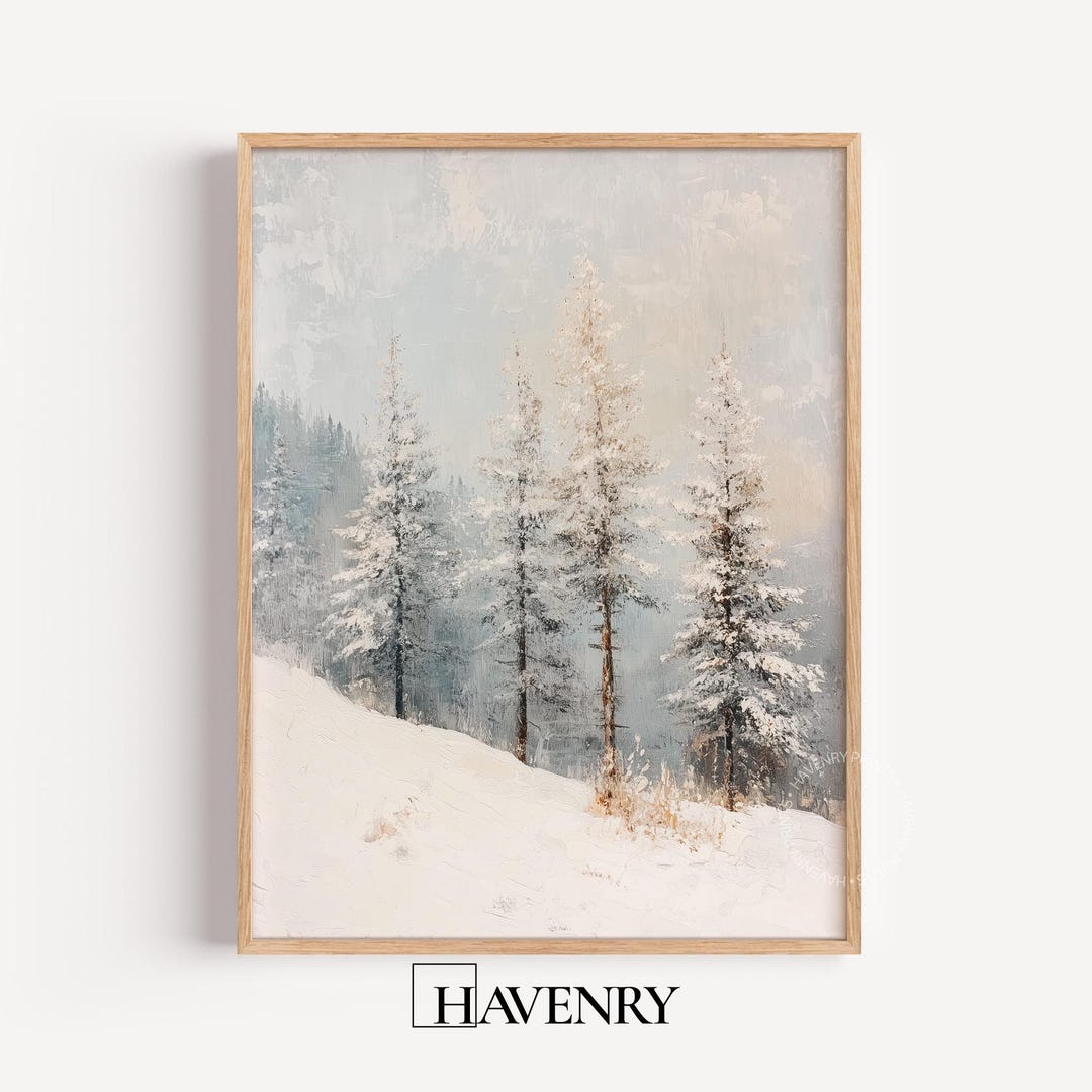 Printable Winter Cedar Hill Painting - Rustic Scandinavian Art, Moody ...