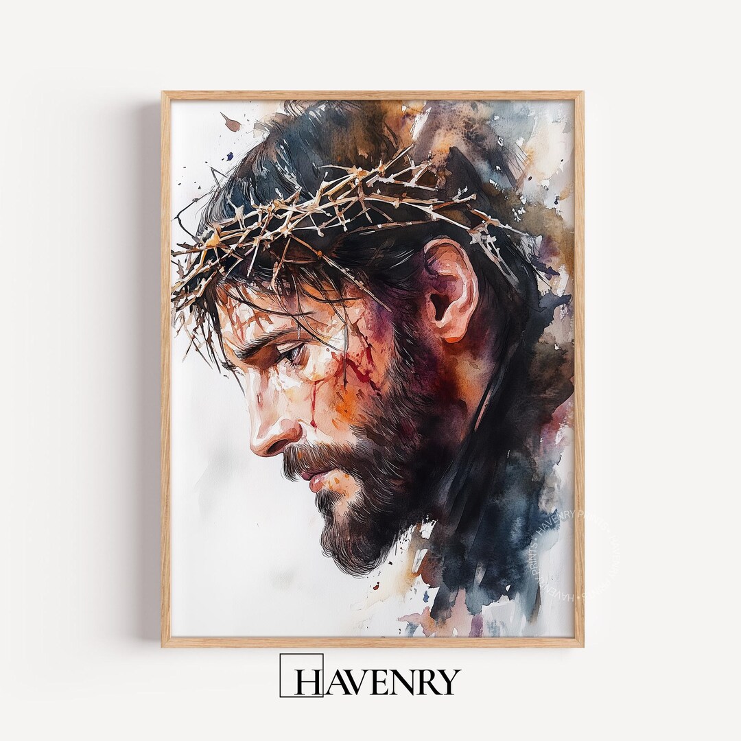 Crown of Thorns Portrait, Somber Watercolor Art for Devotional Wall ...