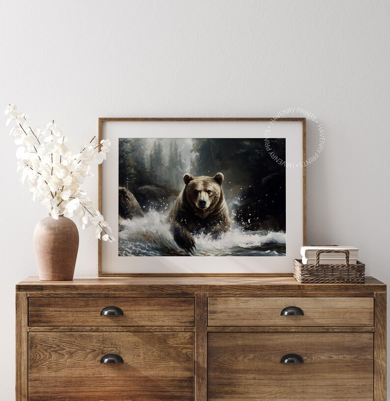 Grizzly Bear Charging Through River, Dramatic Wildlife Illustration Art ...