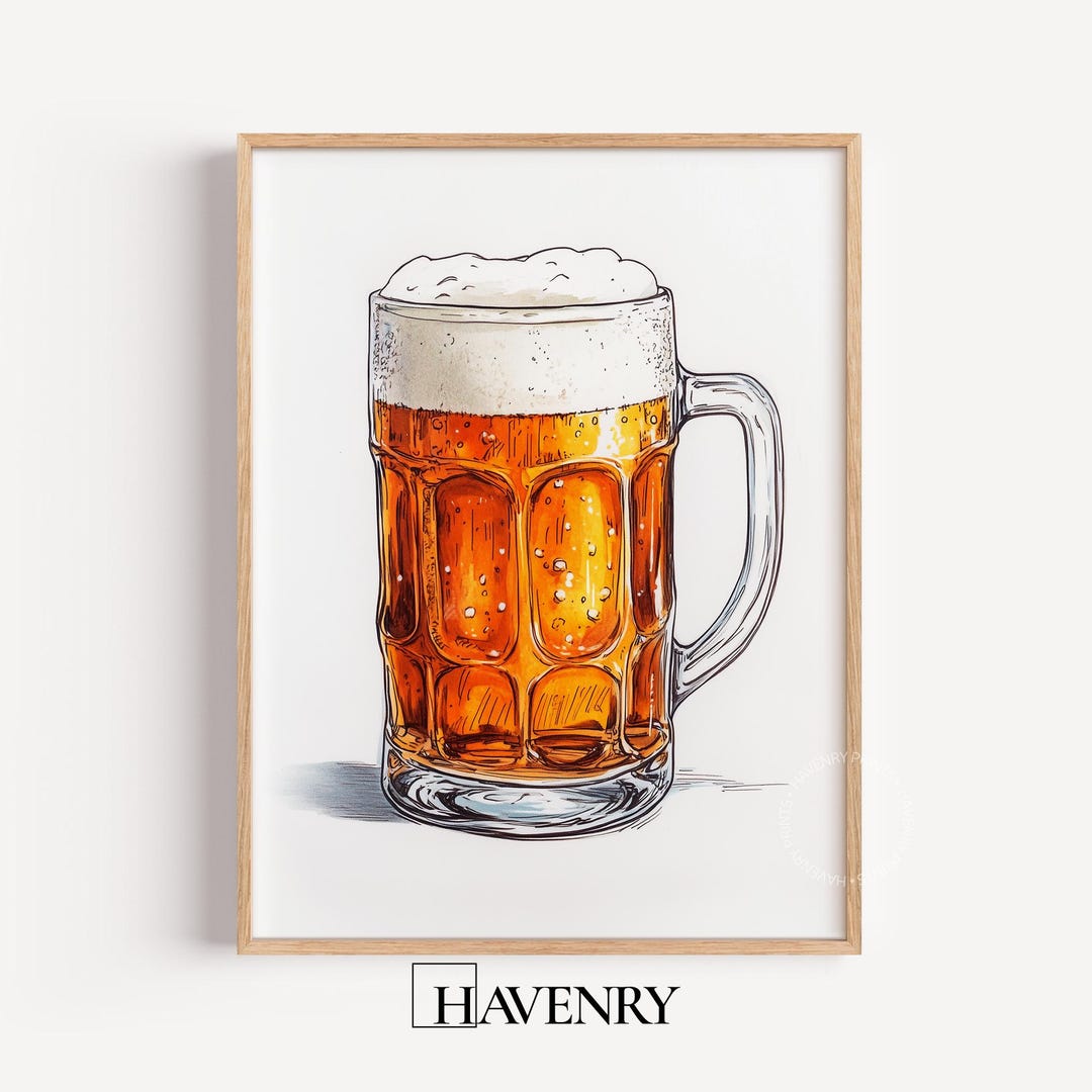 Cozy Pub Wall Art - Hand-drawn Beer Mug, Amber Lager Print, Minimalist ...
