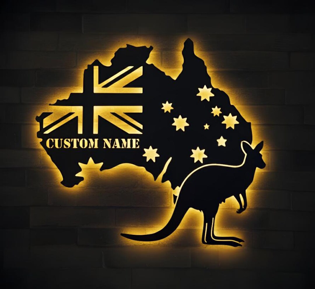 Custom Kangaroo Australia Map Metal Wall Art LED Light Personalized ...