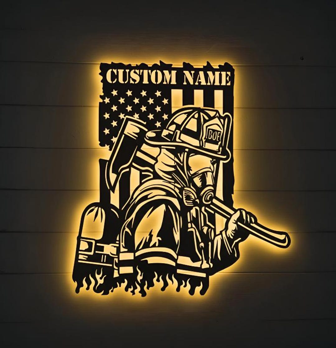 Personalized Fireman Metal Sign Led Light, Firefighter Wall Art ...