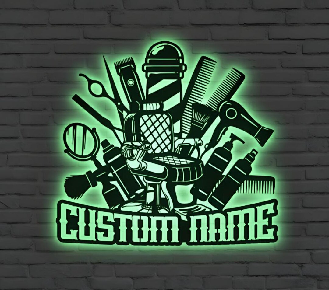 Custom Barber Shop Wall Decor With LED Light, Personalized Barber Shop ...