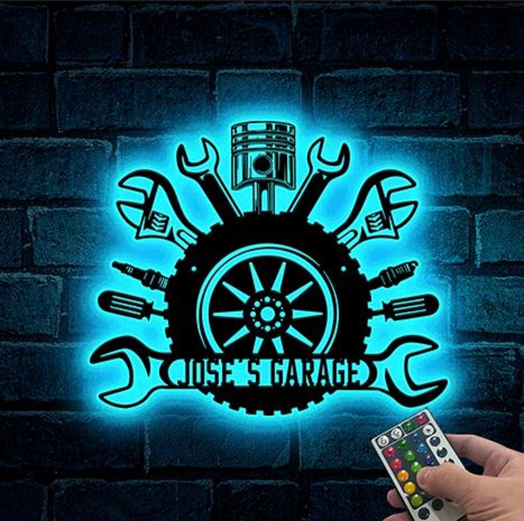 Custom Garage Metal Sign LED Lights, Personalized Garage Wall Decor ...