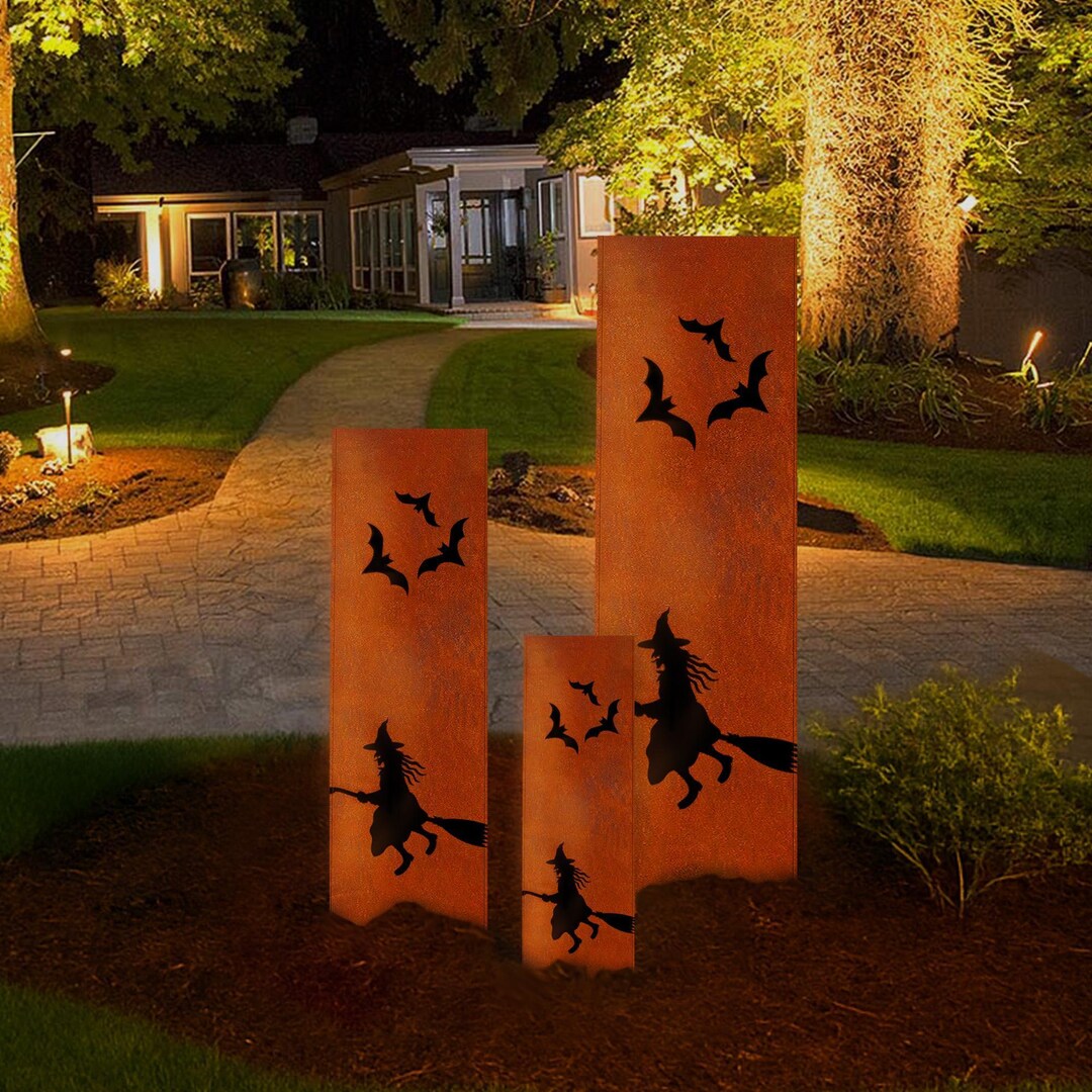 Halloween Metal Garden Column Sculpture With Witch and Bats, Outdoor ...