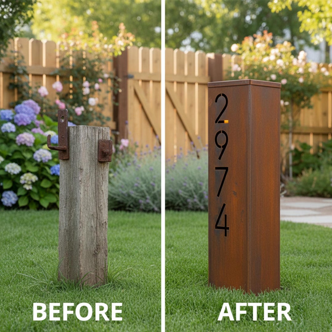 Custom Rusted Steel House Number Post, Modern Outdoor Address Column ...