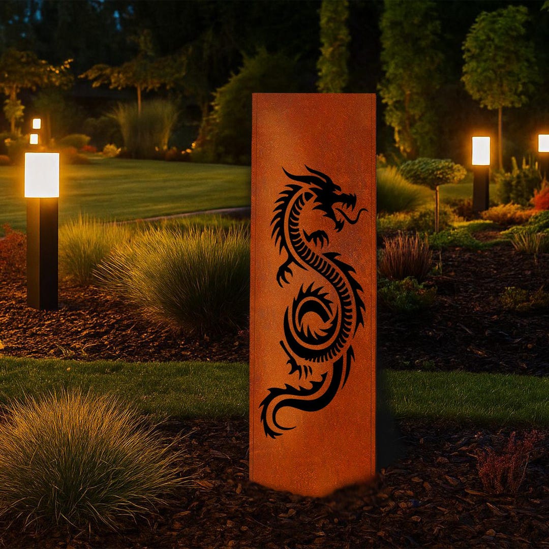 Dragon Themed Rusted Metal Column Garden Decor, Mistic Dragon Lover ...