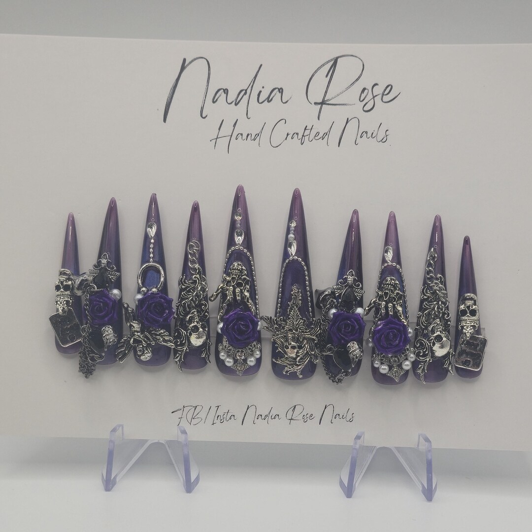 XL Stiletto Nails Gothic Purple Skull Roses Angel Nails - Etsy