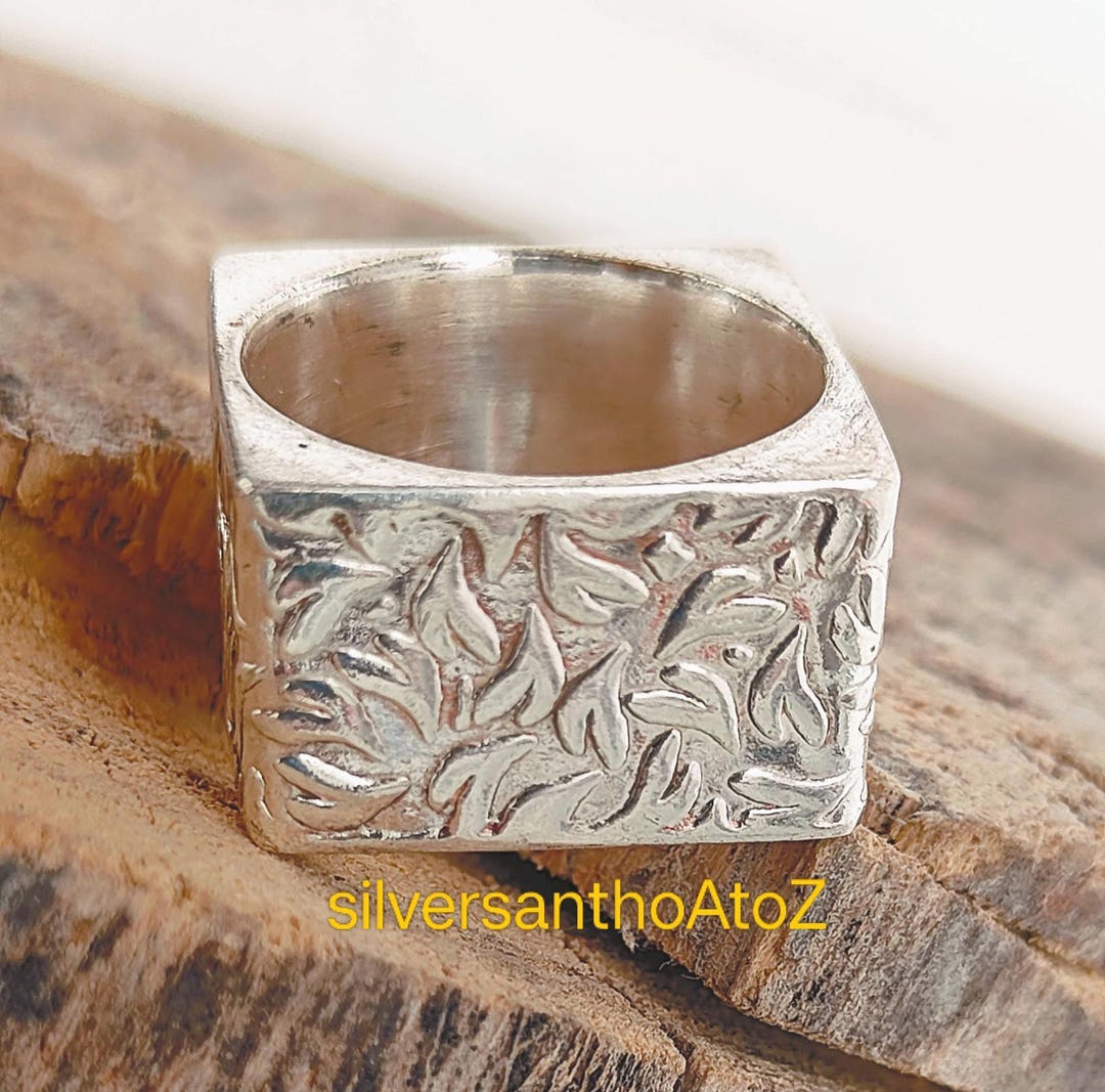 Sterling Silver Square Band Ring, Geometric Floral Design - Etsy
