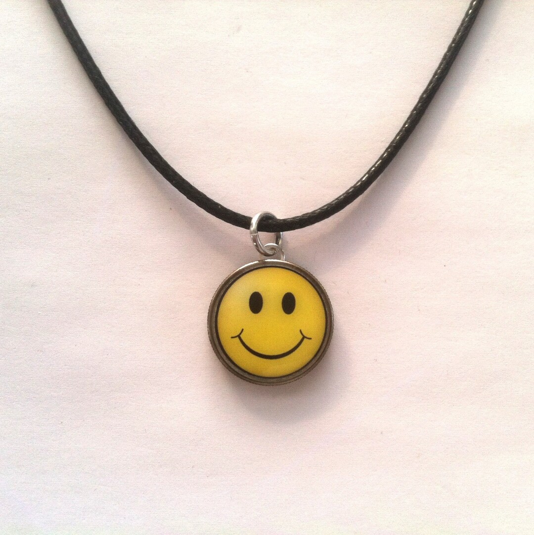 Yellow Smile Face Dime Pendant Charm on Chain or Black Cord Necklace ...