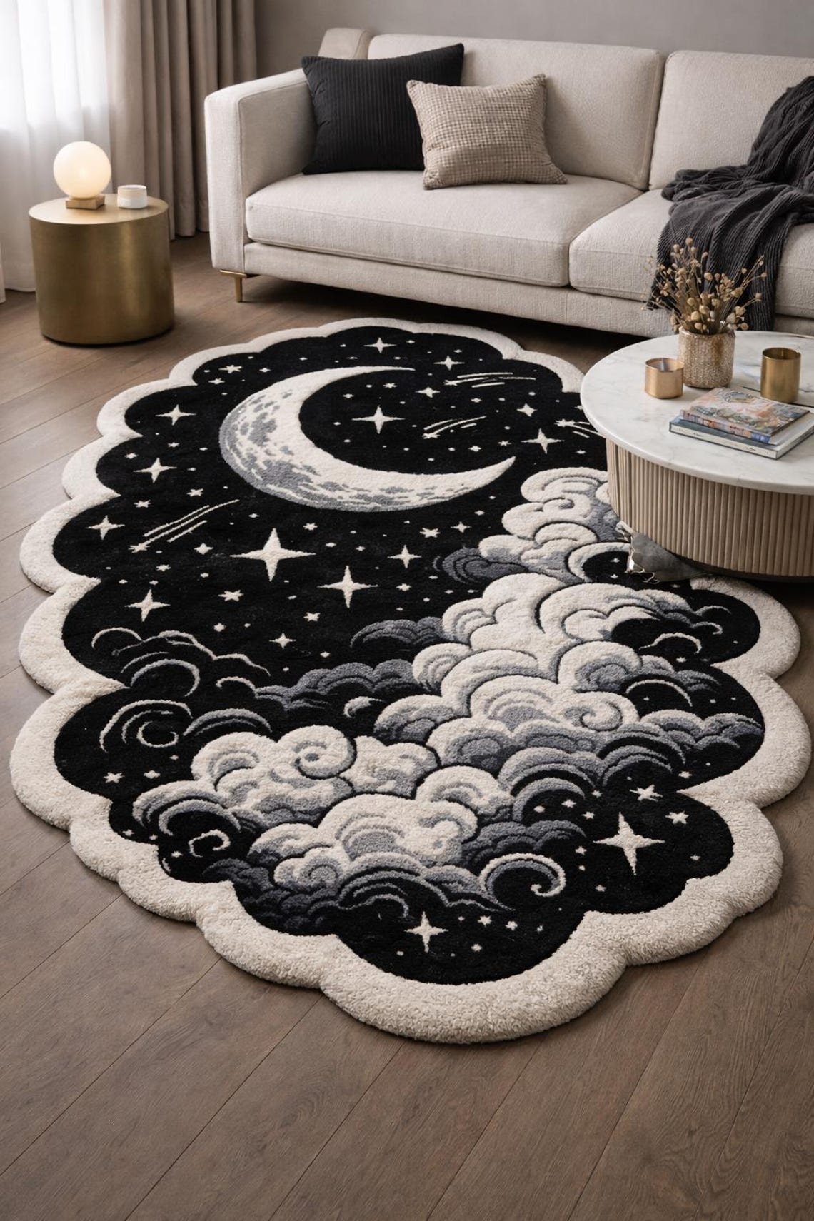 Celestial Moon & Clouds Rug – Black Starry Night Area Carpet, Dreamy ...