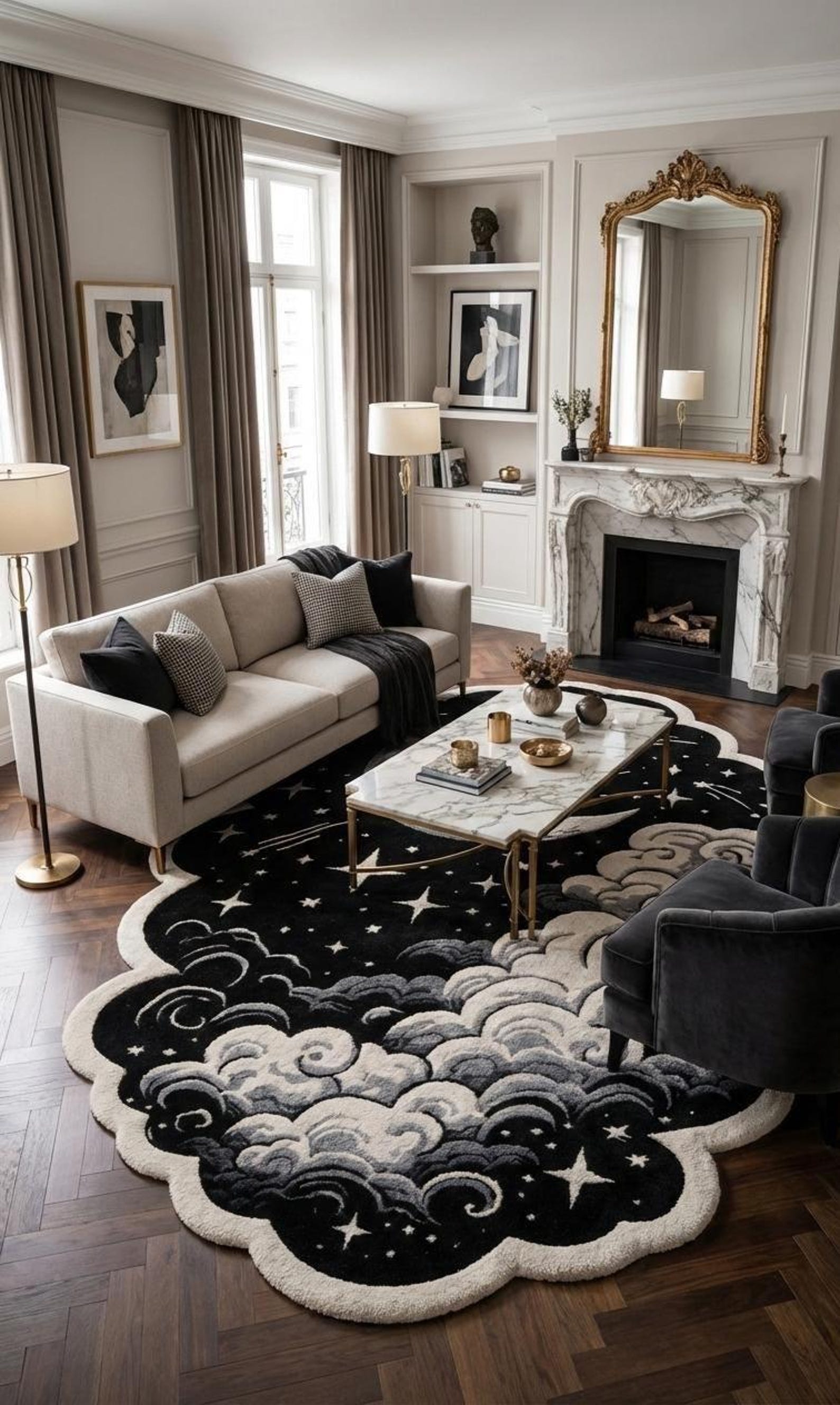 Celestial Moon & Clouds Rug – Black Starry Night Area Carpet, Dreamy ...
