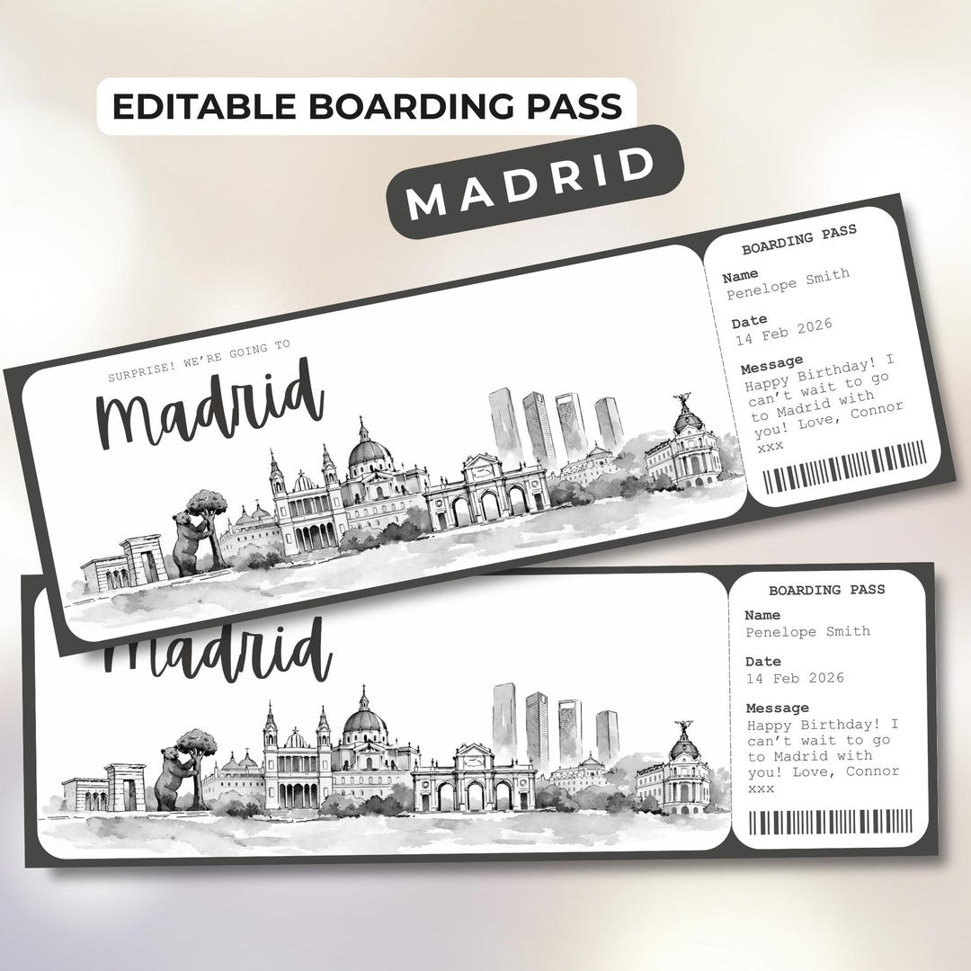 Editable Madrid Boarding Pass Template, Surprise Trip to Spain ...