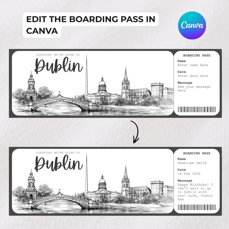 Editable Dublin Boarding Pass, Surprise Trip to Ireland, Printable ...