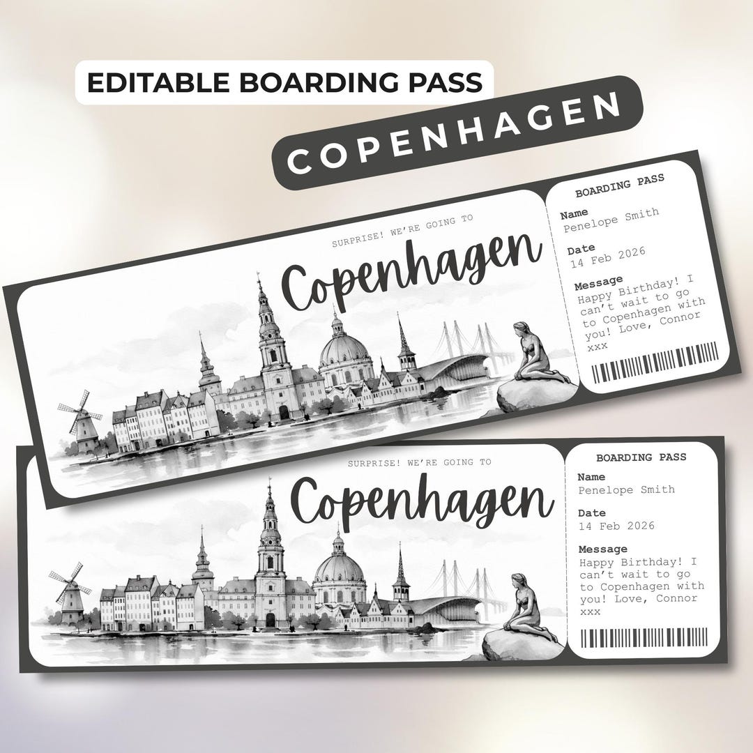 Editable Copenhagen Boarding Pass Template, Surprise Trip to Denmark ...