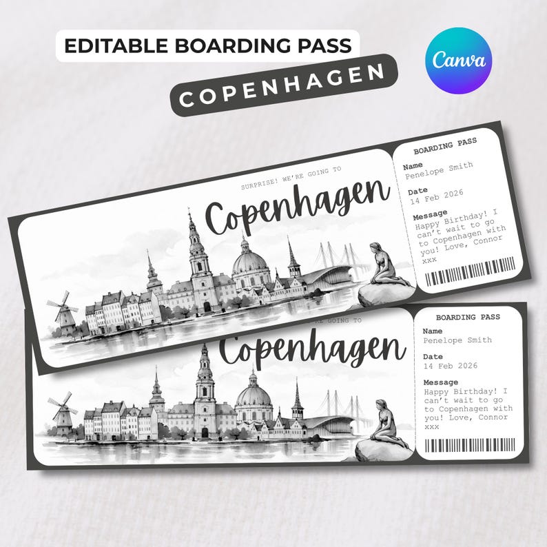 Editable Copenhagen Boarding Pass Template, Surprise Trip to Denmark ...