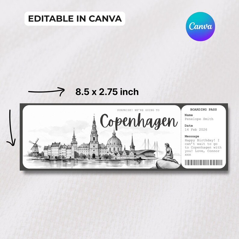 Editable Copenhagen Boarding Pass Template, Surprise Trip to Denmark ...