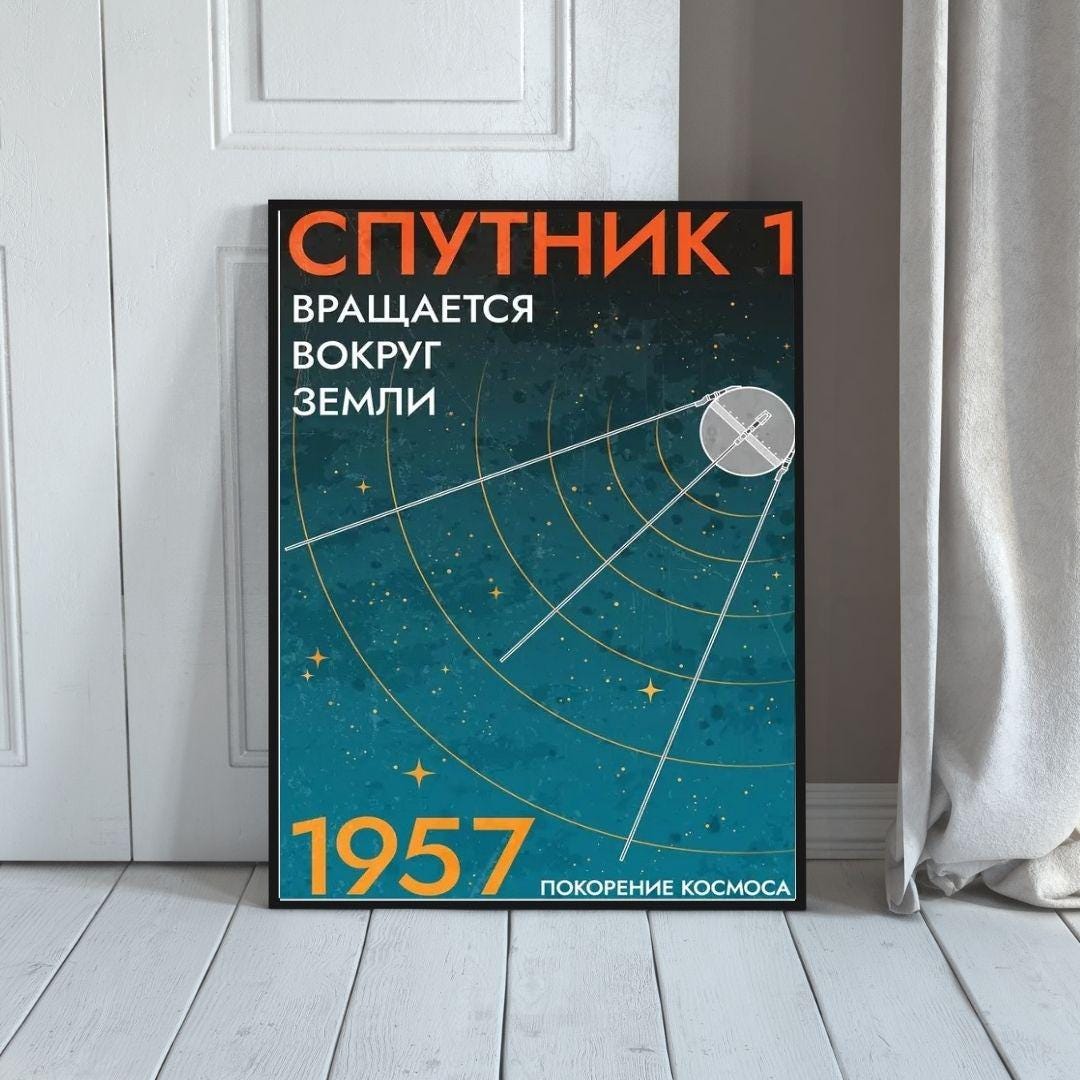 Retro Sputnik Earth Rotation Poster, Vintage Russian Space Art Print ...