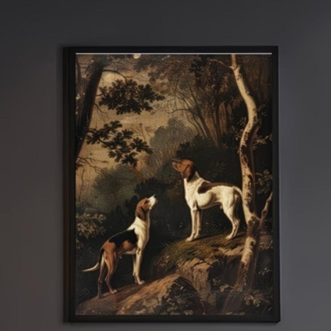 Hound Dog Canine Poster, Dark Academia Deep Forest Art, Rustic Hunting ...