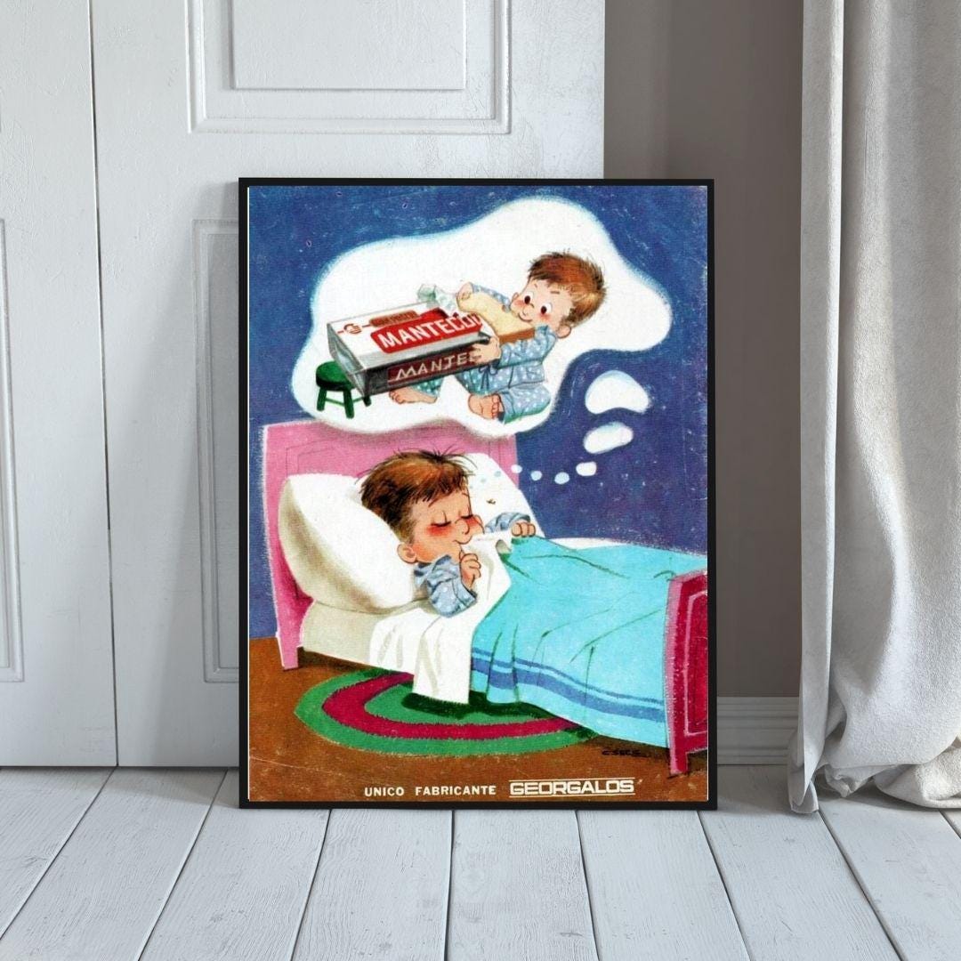 Georgalos Mantecon Dream Poster, Cute Boy & Food Illustration, Retro ...