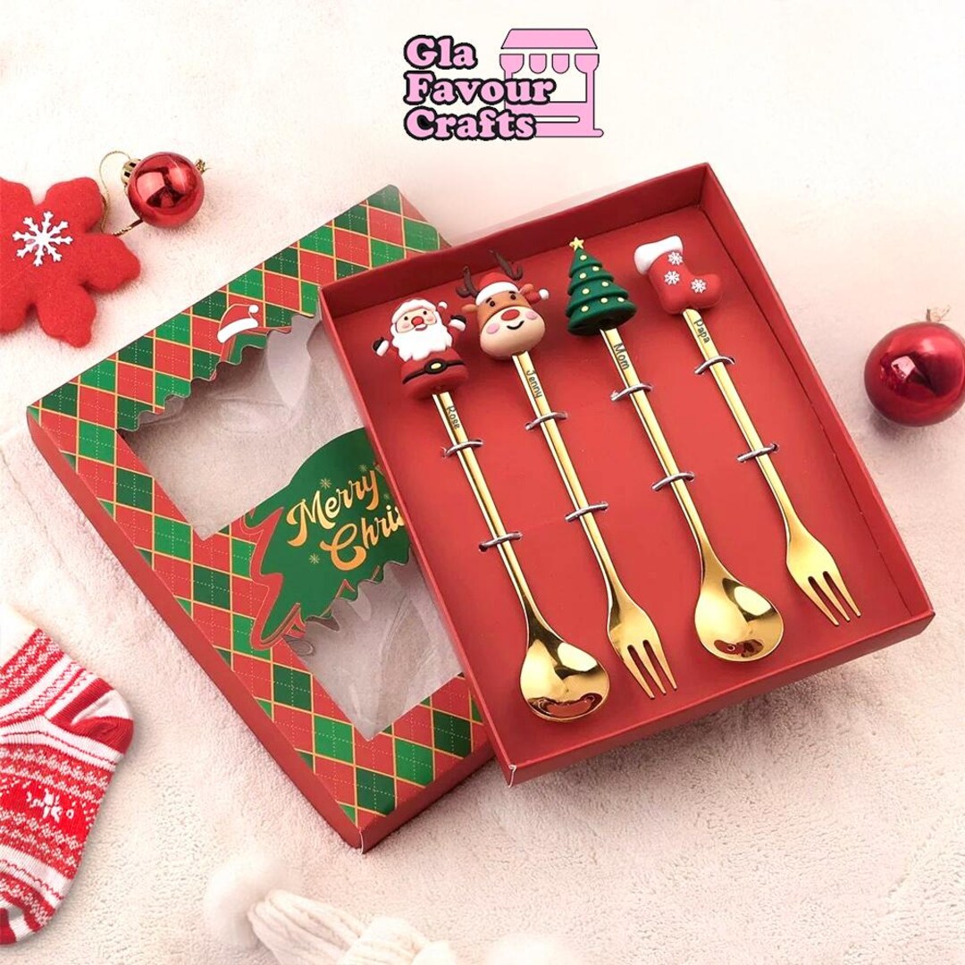 Personalized Christmas Spoon & Fork Set: Holiday Topper, Custom Name ...