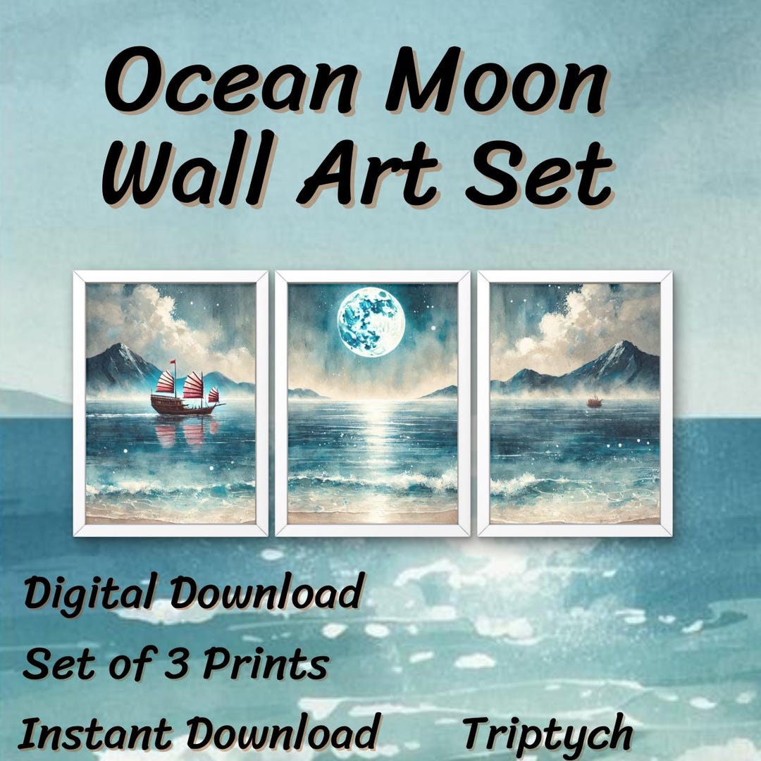 Coastal Night Sky Triptych: Ocean Moon Wall Art Prints (digital ...