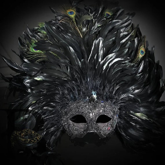 Black Feather Masquerade Mask Lace Mask For Women Carnival Etsy