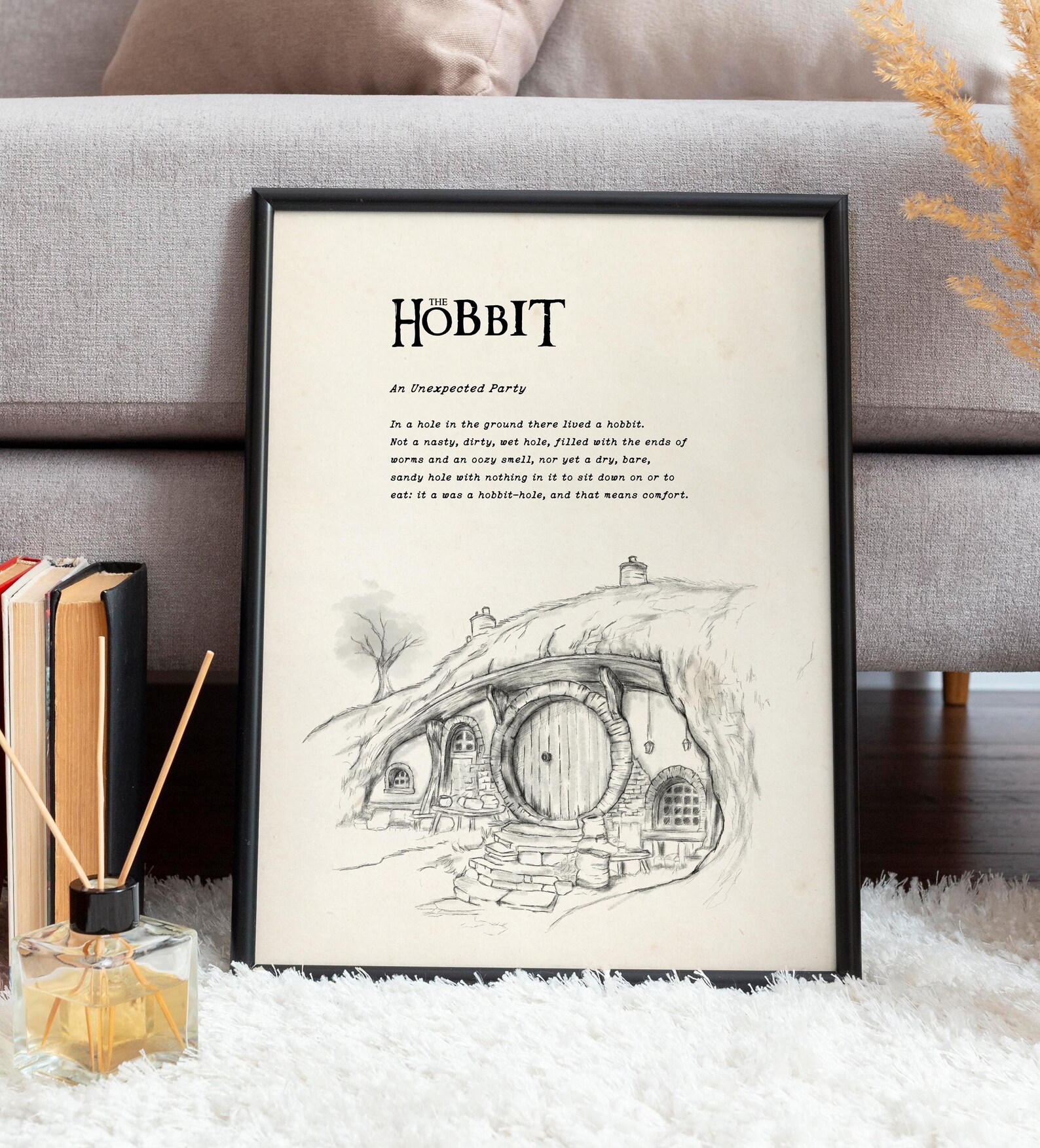 The Hobbit Opening Quote Print With Bag End Illustration Tolkien Wall