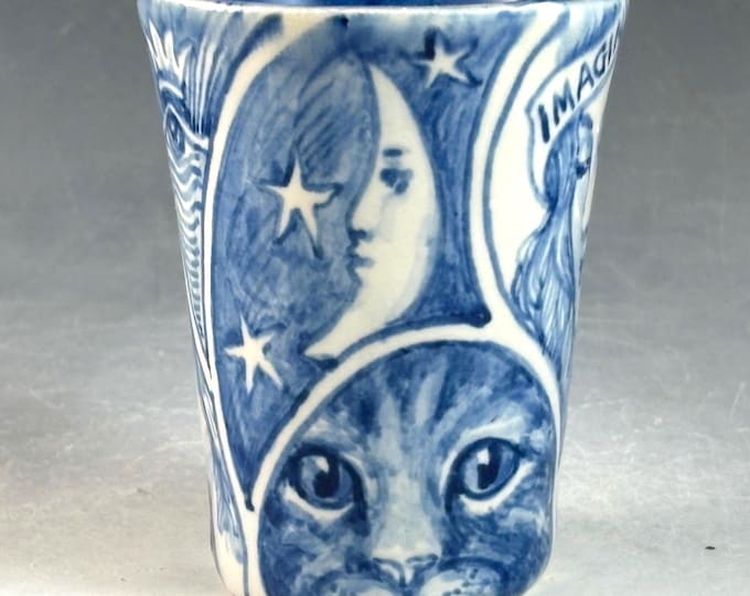 Blue and White Story Cup With Rabbit, Bird, Cat and the Word Imagine. 3 ...