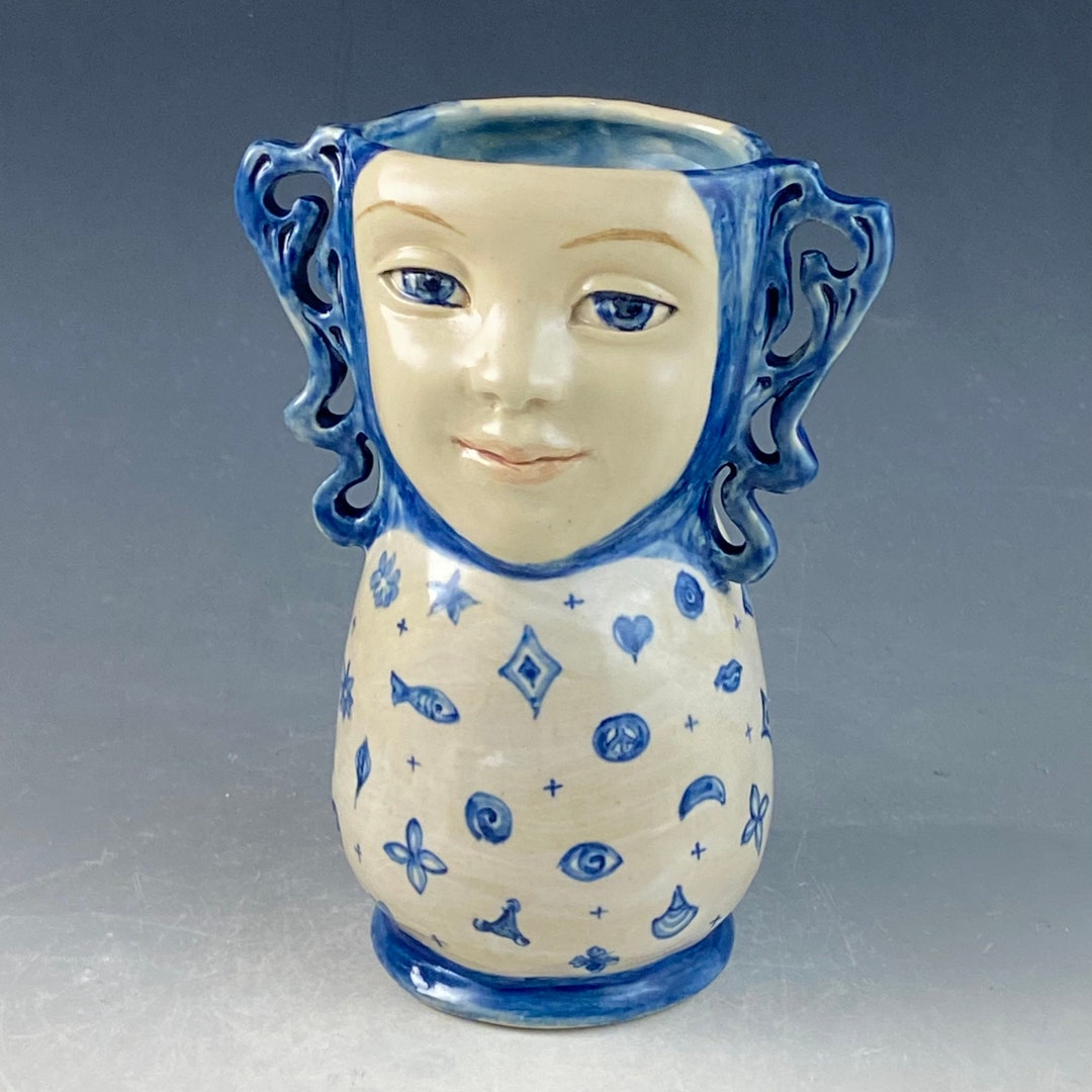 Blue and White Two Faced Vase 7.3 Tall Hand Sculpted - Etsy