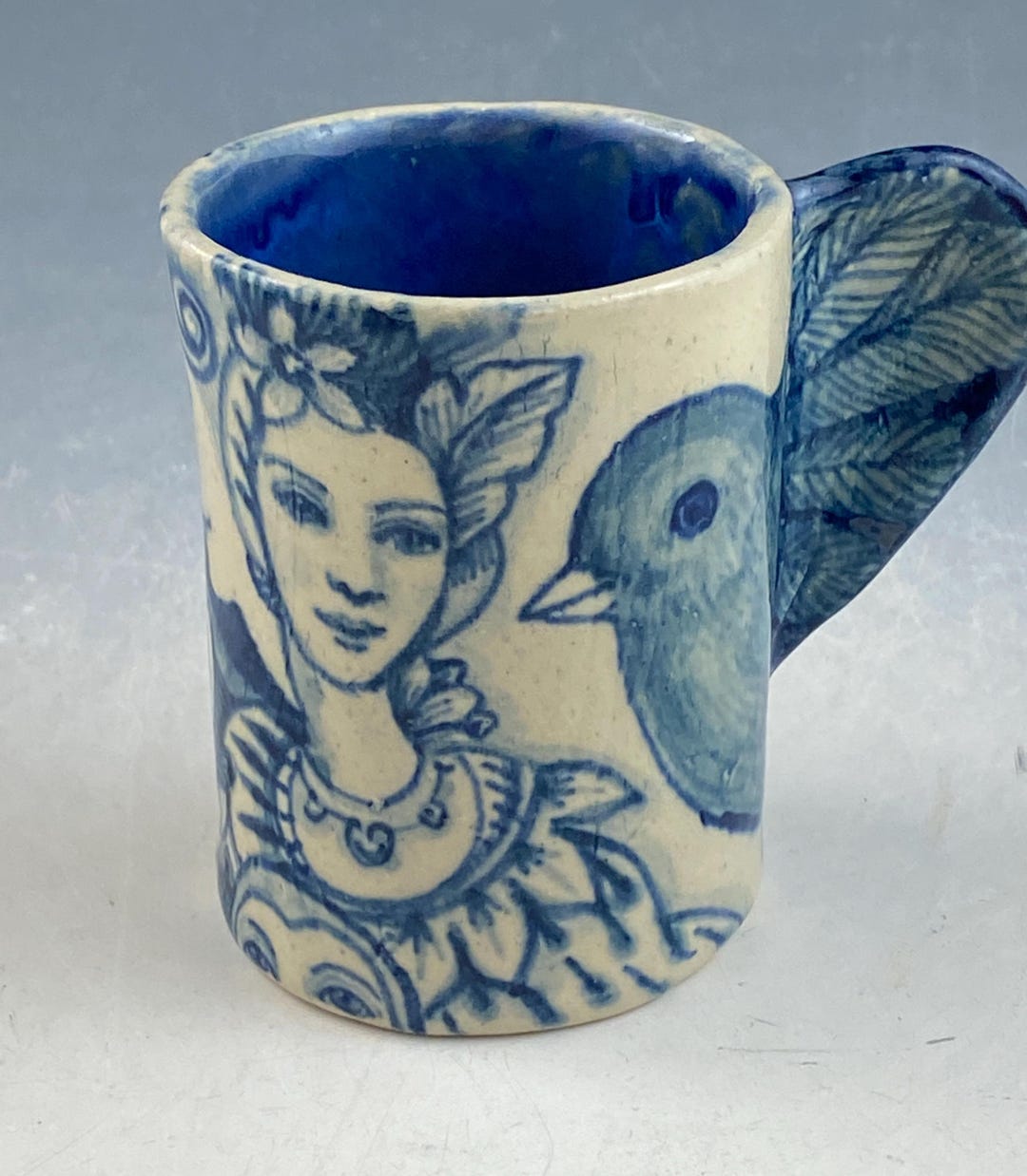 Blue and Cream Bird Wing Cup With Birds, Faces and a Rabbit - Etsy