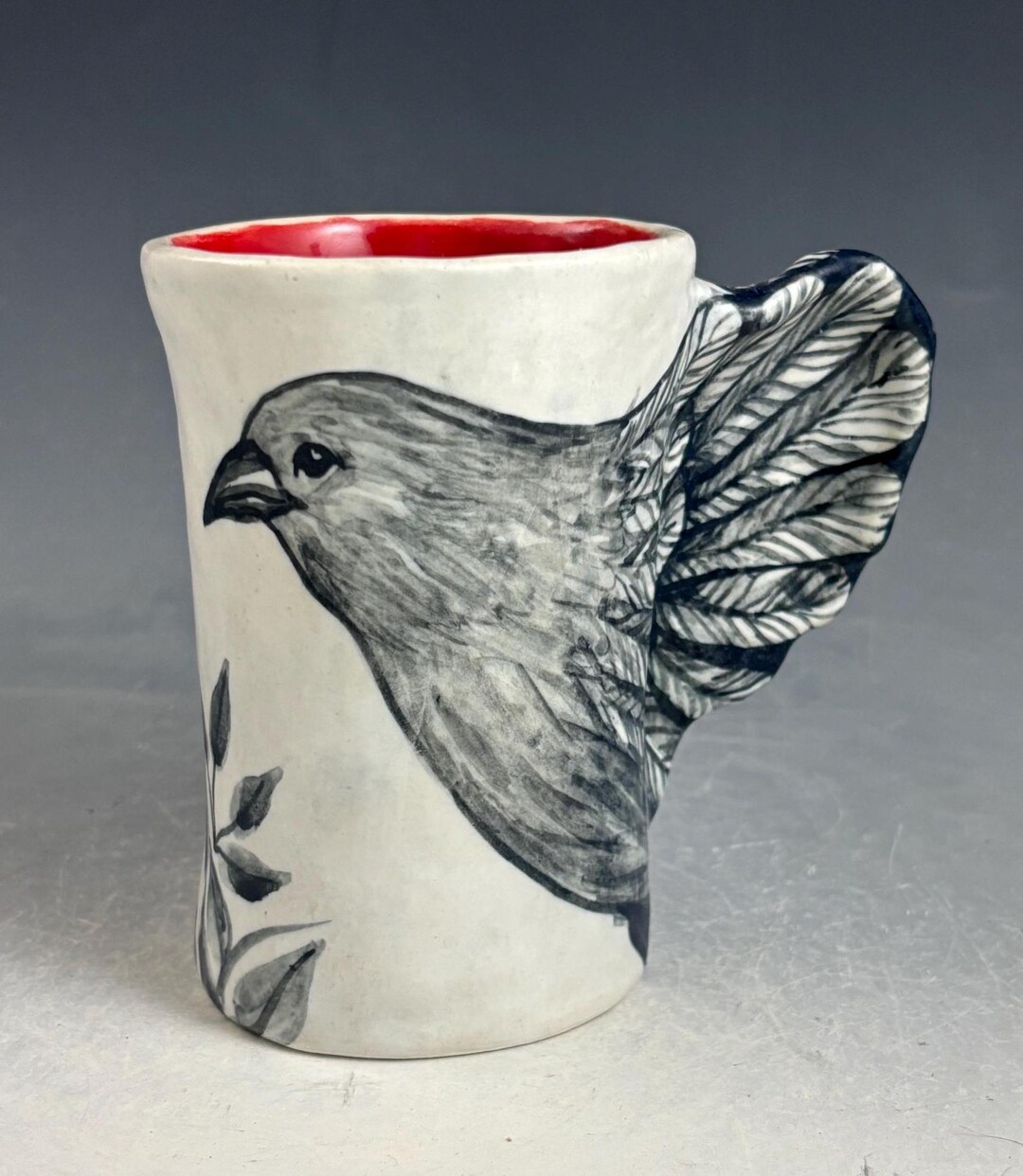 Porcelain Crow Cup With Wing Handle in Black and White With Red ...