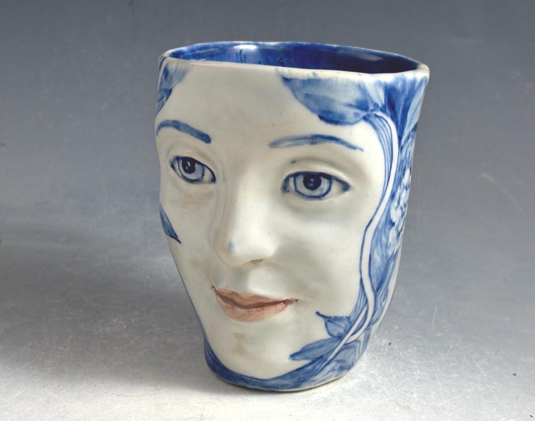 Blue and White Porcelain Face Tea Cup Without Handle, OOAK, Holds 8 ...