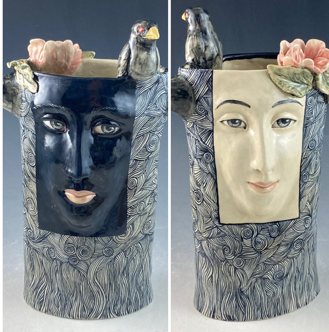 Black and White Stoneware Face Vase With Blackbirds and Flowers a Black ...