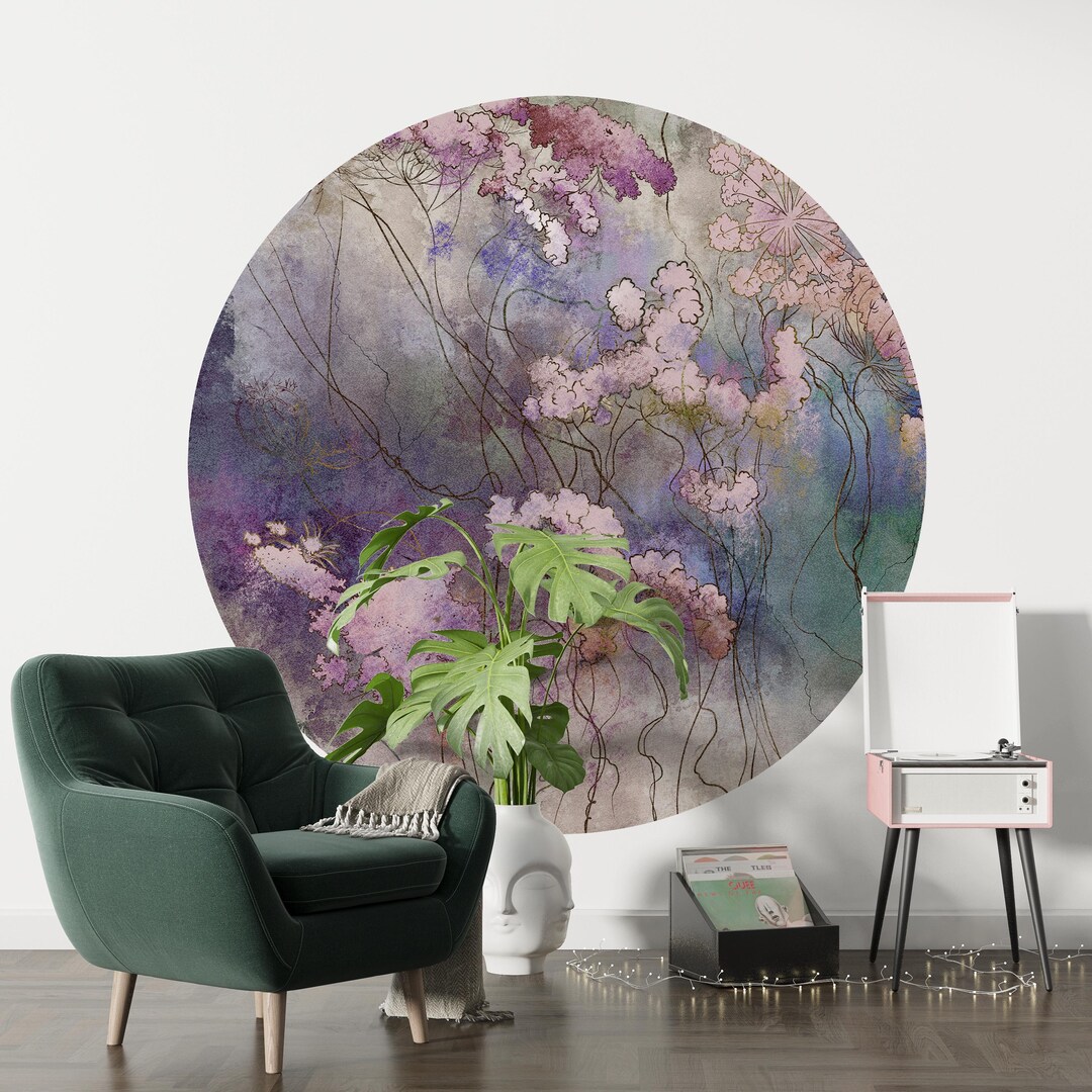 Purple Floral Round Wall Decal, Watercolor Wildflower Circle Mural ...