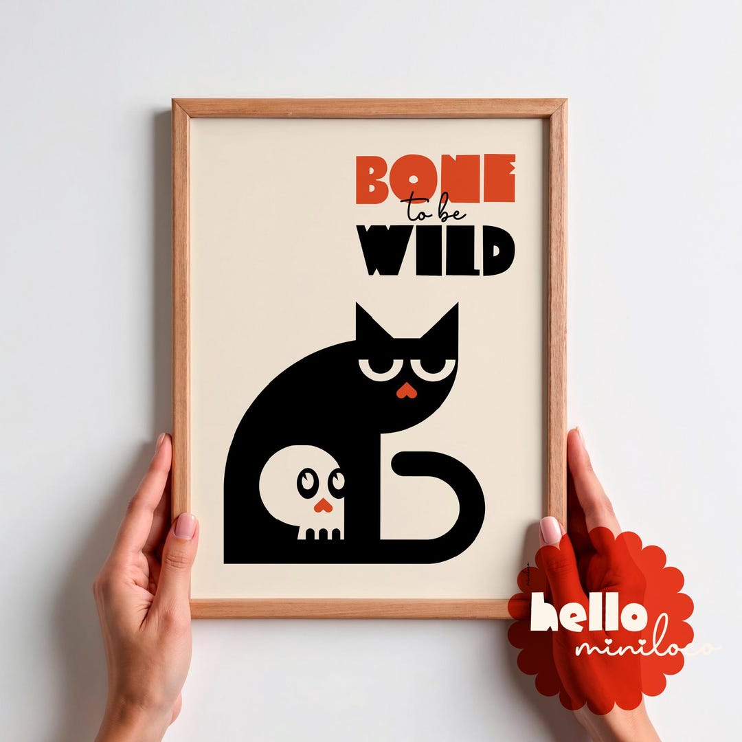 Bone to Be Wild Art Print, Cat & Skull Pun Poster, Digital Download - Etsy