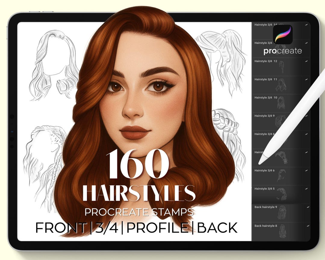 160 Procreate Hairstyle Stamps, Procreate Stamp, Woman Hair Guide ...