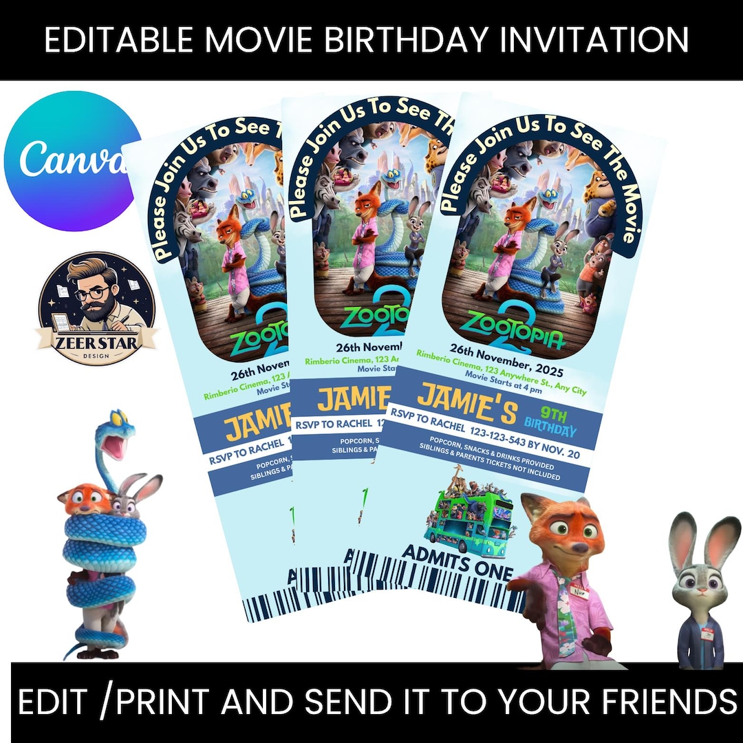 Editable Zootopia 2 Movie Ticket Invitation, Birthday Invitation (canva ...