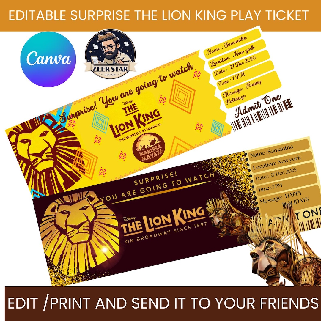 Editable Lion King Broadway Ticket, 2 Designs, Editable Musical Theatre ...