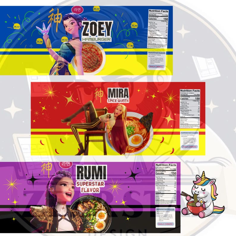 Huntrix Ramen Cup Label, 3 Designs Rumi Mira Zoey, K-pop Demon Label ...