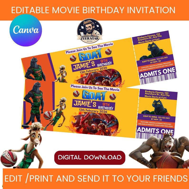 Editable GOAT Movie Ticket Invitation, Printable Cinema Birthday Invite ...