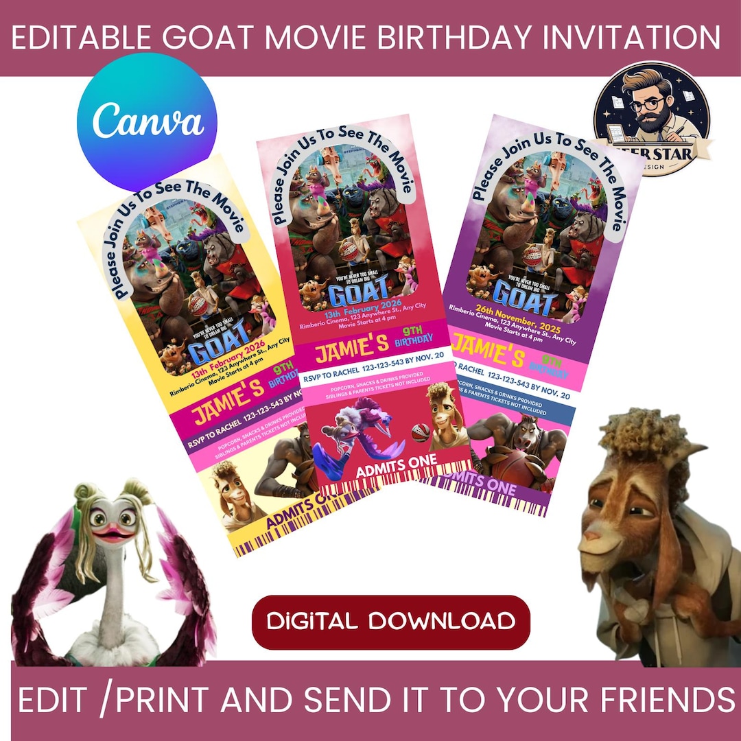 GOAT Movie Birthday Invitation, Printable Cinema Ticket (canva Editable ...