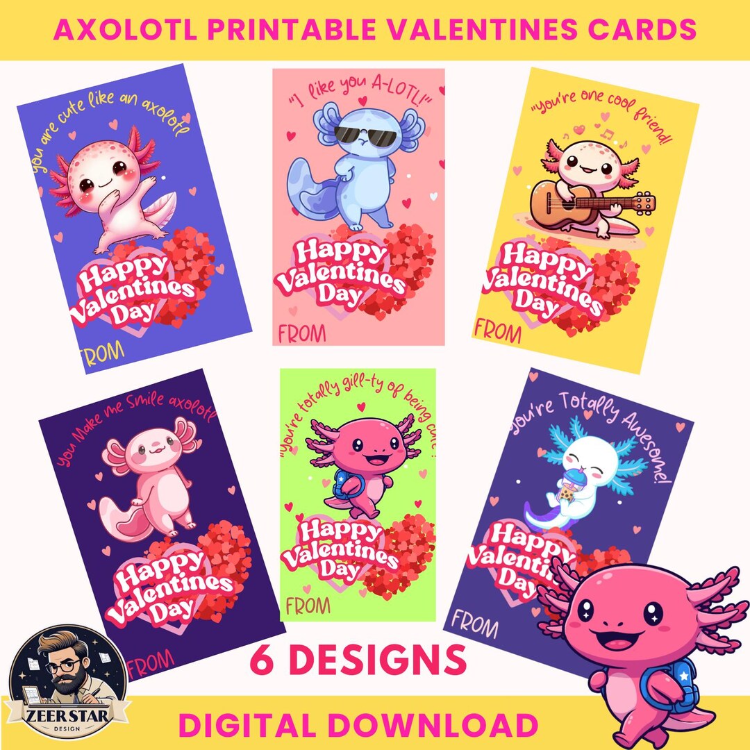 Axolotl Valentines Cards, Printable Classroom Valentine's Day Cards for ...