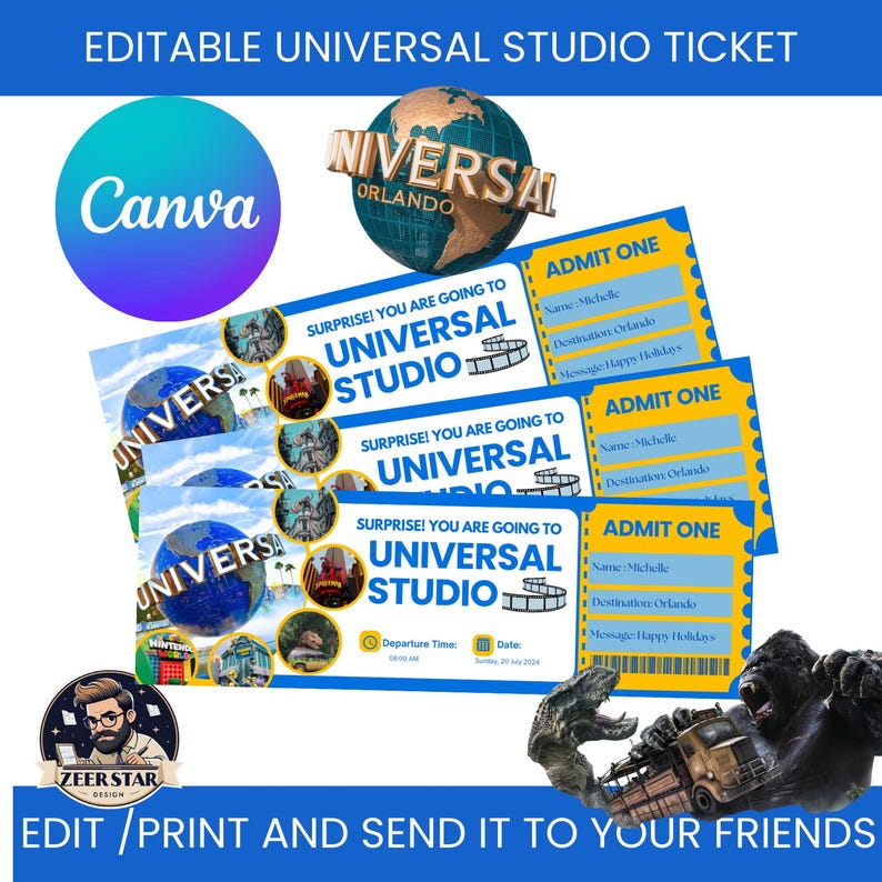 Editable Universal Studios Surprise Ticket, Vacation Reveal (canva ...