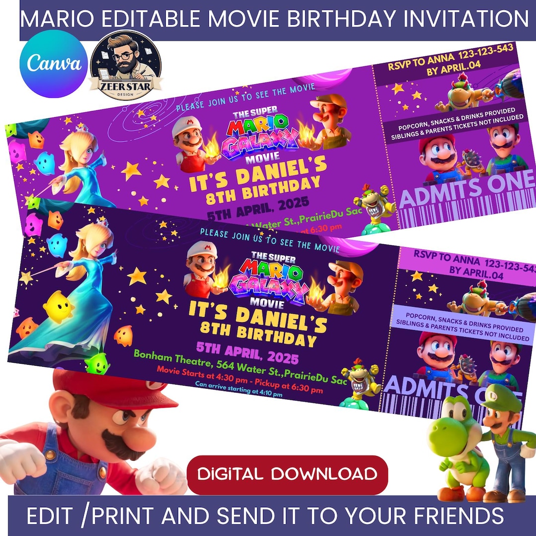 Super Mario Galaxy Movie Ticket Invitation, Editable Canva Template ...