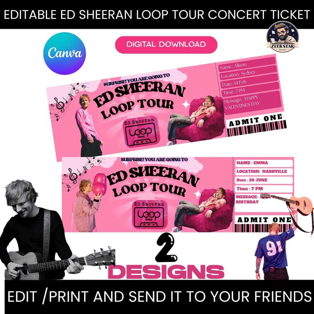 Ed Sheeran Concert Ticket Gift, Editable Canva Concert Ticket , Custom ...